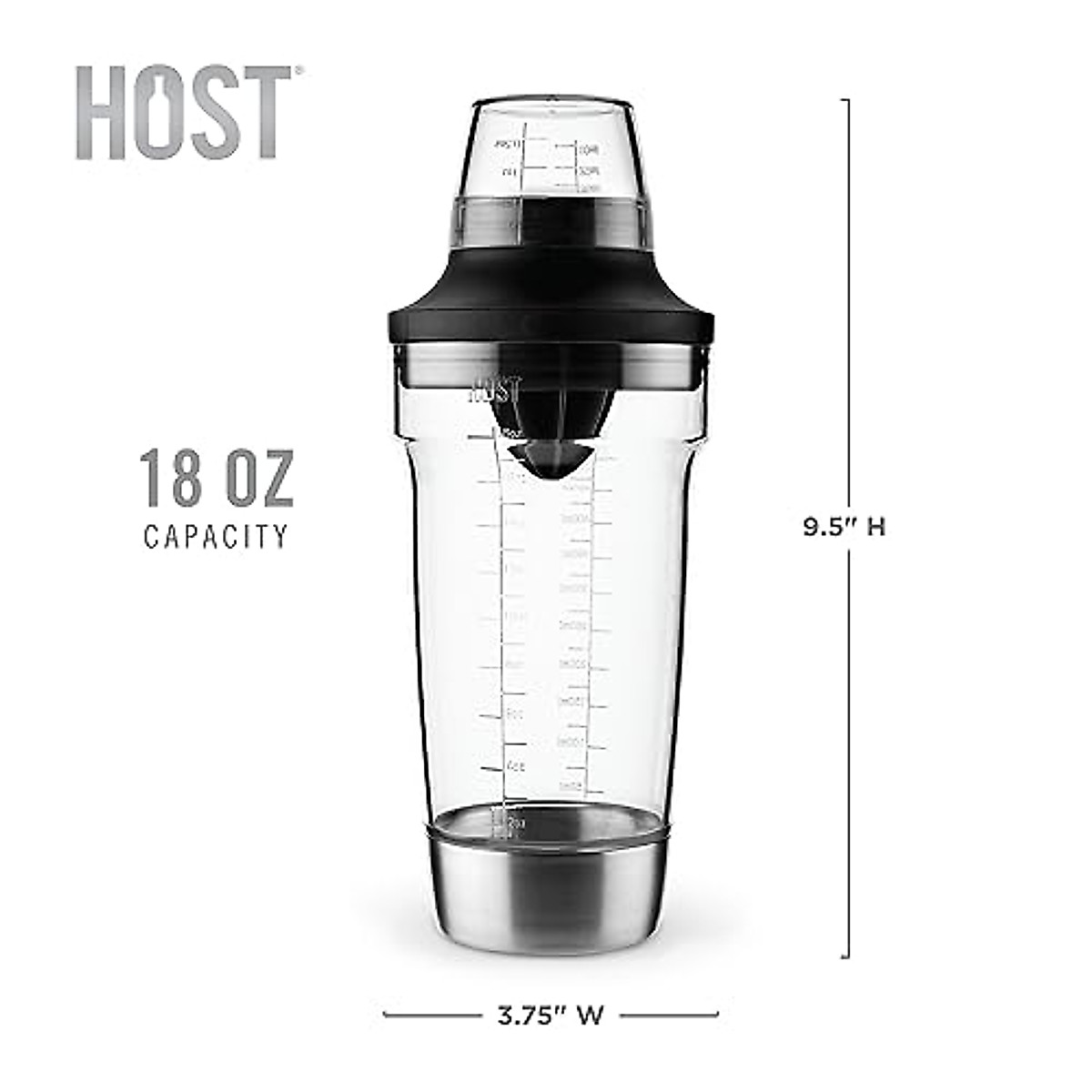 HOST All in One Cocktail Shaker Set | 5 in 1 Tool - Jigger Cap | Strainer | Reamer | Stainless Steel Bottle Opener and Oz and mL Markers 18 oz Capacity - Multitool Bartending Mixer for Drinks