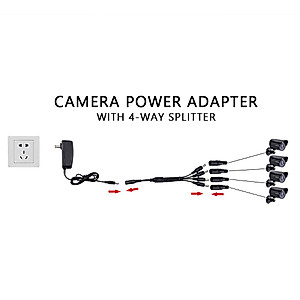 HISVISION Security Camera Power Supply Adapter 12V 2.5A 100V-240V AC to DC with 4-Way Power Splitter Cable -Fits CCTV Camera DVR NVR Surveillance System