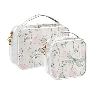 Roses Buds Dragonflies 2 Pieces Clear Makeup Cosmetic Toiletry Bags for Women Men PVC Waterproof Portable Travel Storage Carry Pouch with Gold Zippers Organizer Case for Traveling Bathroom Organizing