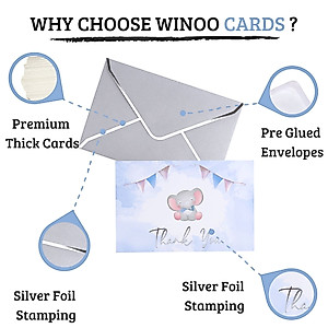 Winoo Design Heavy Duty Baby Shower Thank You Cards Boy - 36 PK - Silver Letterpress Elephant Thank You Cards Baby Shower Baby Boy Thank You Cards Cute Watercolor Thank You Cards Blue