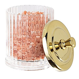 mDesign Fluted Bathroom Vanity Storage Organizer Canister Apothecary Jar for Cotton Swabs, Rounds, Balls, Makeup Sponges, Bath Salts - 2 Pack - Clear/Soft Brass