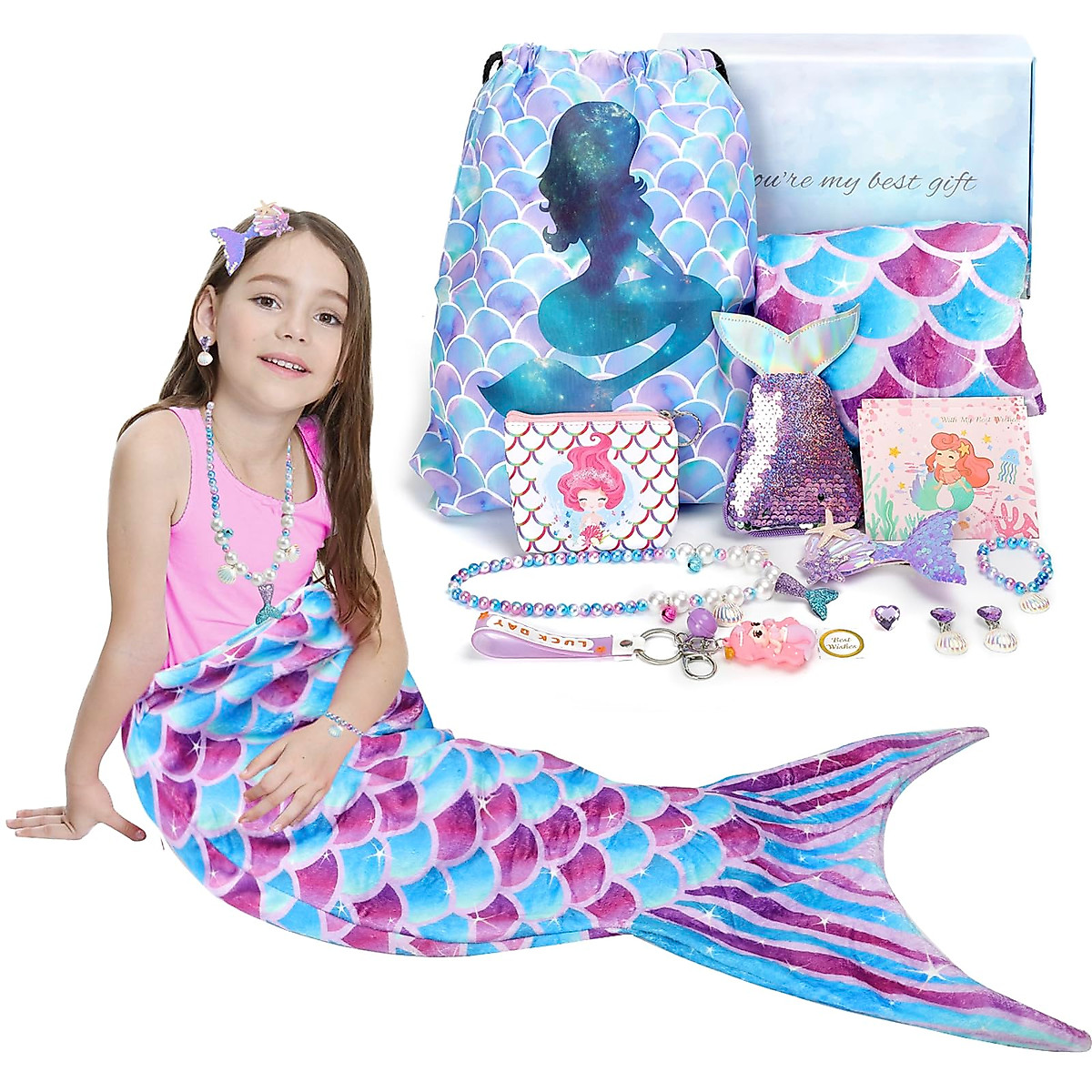 Mermaid Gifts Birthday Gifts for Girls 3 4 5 6 7 8 9 10 11 12 Years Old, Little Mermaid Tail Blanket Mermaid toys Jewelry Makeup Set, Christmas Gifts for Teen Girls