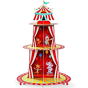 Circus Carnival Cupcake Stand, 3 Tier Cupcake Holder with Cartoon Circus Carnival Tent for Kids Birthday Celebrations Themed Party Favor Decoration