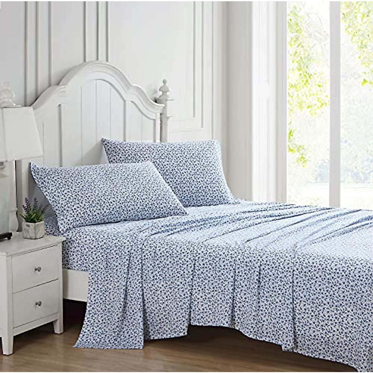 Laura Ashley Home - King Sheets, Soft Sateen Cotton Bedding Set - Sleek, Smooth, & Breathable Home Decor (Lavange Vine Indigo, 4 pieces, King)