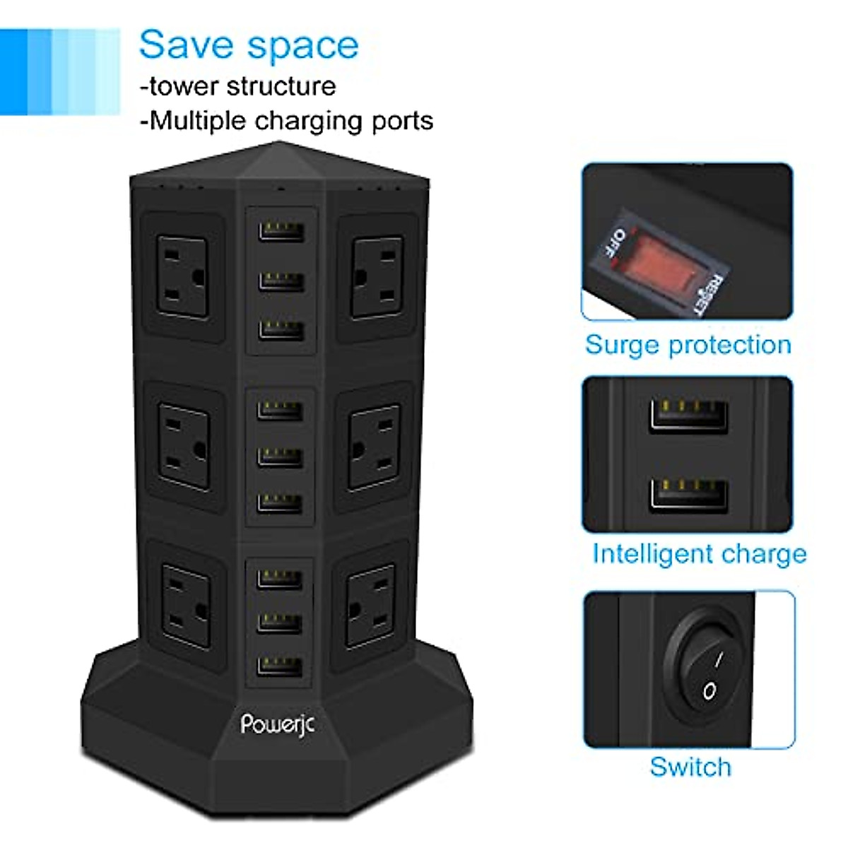 Powerjc Tower Power Strip Surge Protector Socket 12 AC Outlets Smart 6 USB Ports Chargers 10 Feet Long Extension Cord Indoor Black