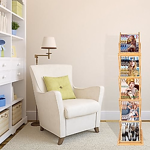 DuvinDD Foldable Bamboo Magazine Rack Floor, Portable Pop-up Display Stand, Magazine Rack 5 Pockets, A4 Size, for Trade Shows, Office, Retail Store, Craft Shows, 57 inch Tall