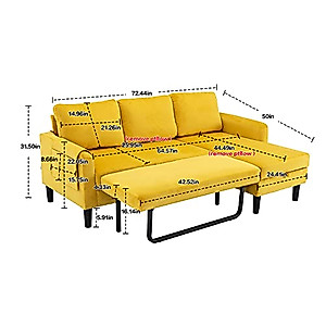 Eafurn Sectional Pull Out Bed, PU Leather Upholstered 3 Seats Sleeper Reversible Chaise Lounge w/Storage, Modern Design 72" L-Shaped Corner Sofa & Couches for Living Room, Mustard