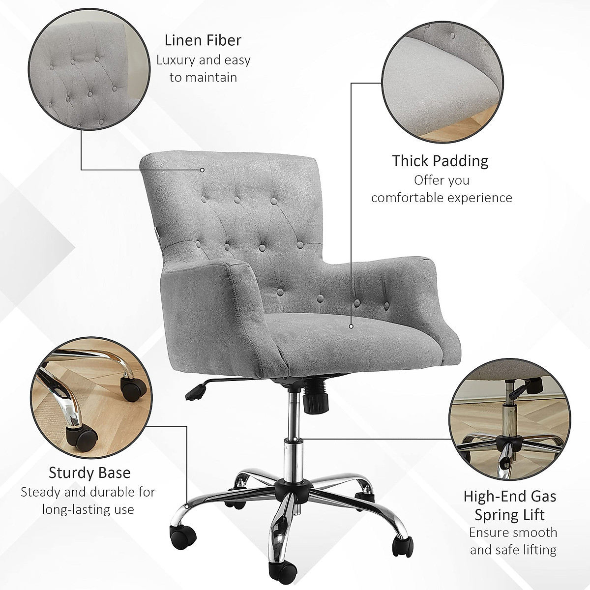 HOMCOM Mid Back Modern Home Office Chair with Tufted Button Design and Padded Armrests, Swivel Computer Desk Chair for Study Living Room Bedroom, Gray