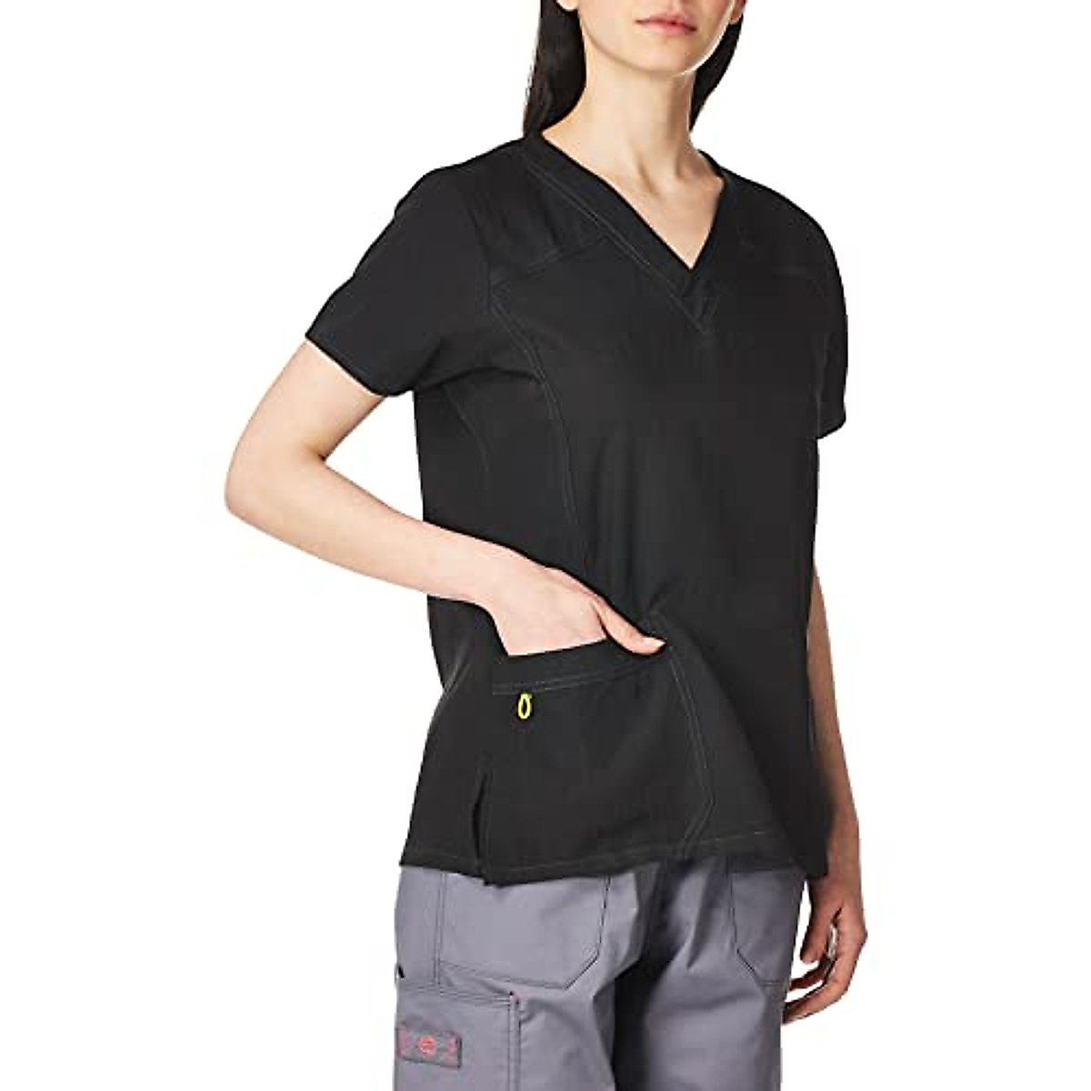 WonderWink Womens Four -Way Stretch Sporty V-Neck Top Medical Scrubs Shirts, Black, X-Large US