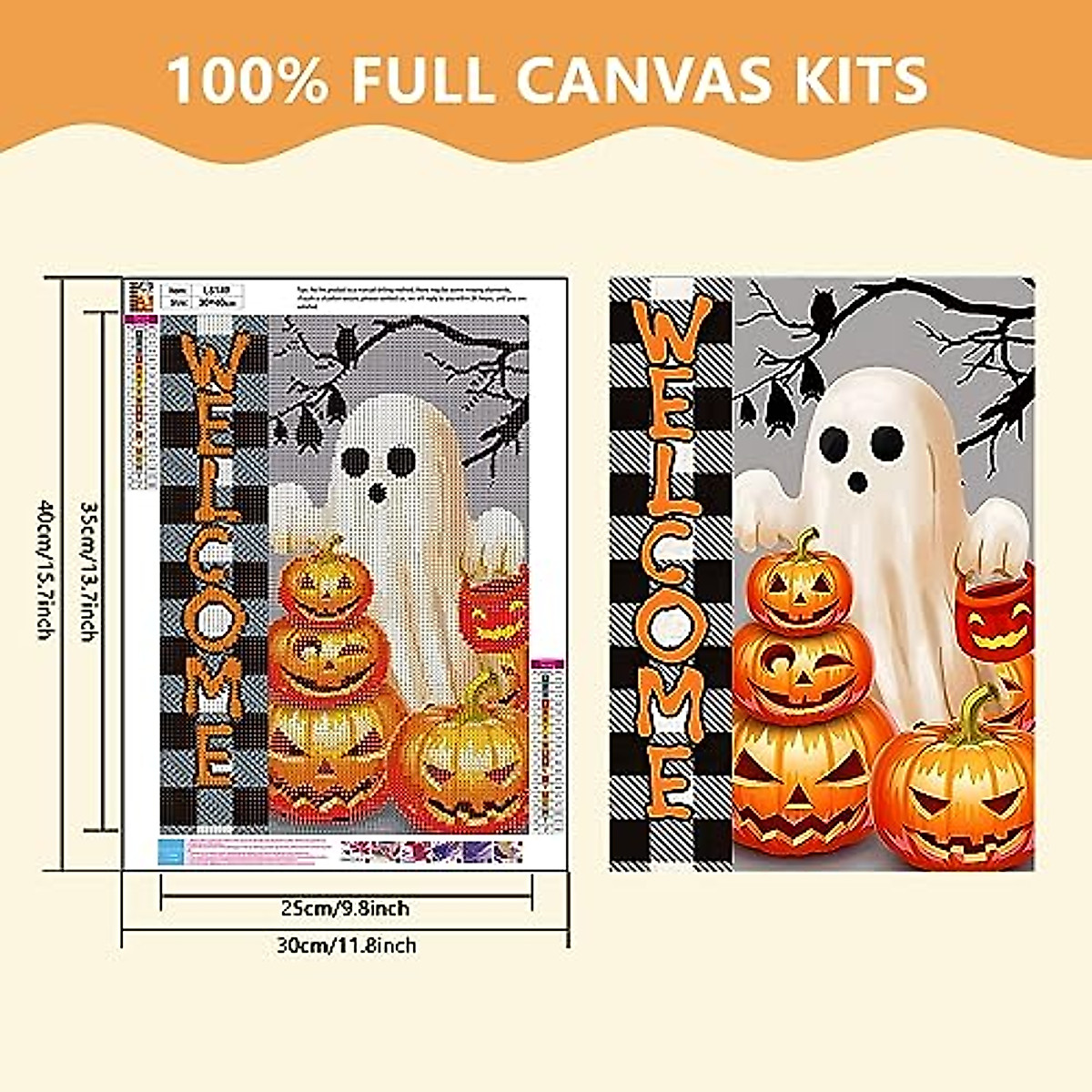 SENQAO Halloween Diamond Painting Kits for Adults, Ghost Full Round Drill Gem Art Kits, DIY 5D Diamond Painting Pumpkin Halloween Diamond Art Kits Picture for Home Wall Decor 30x40cm