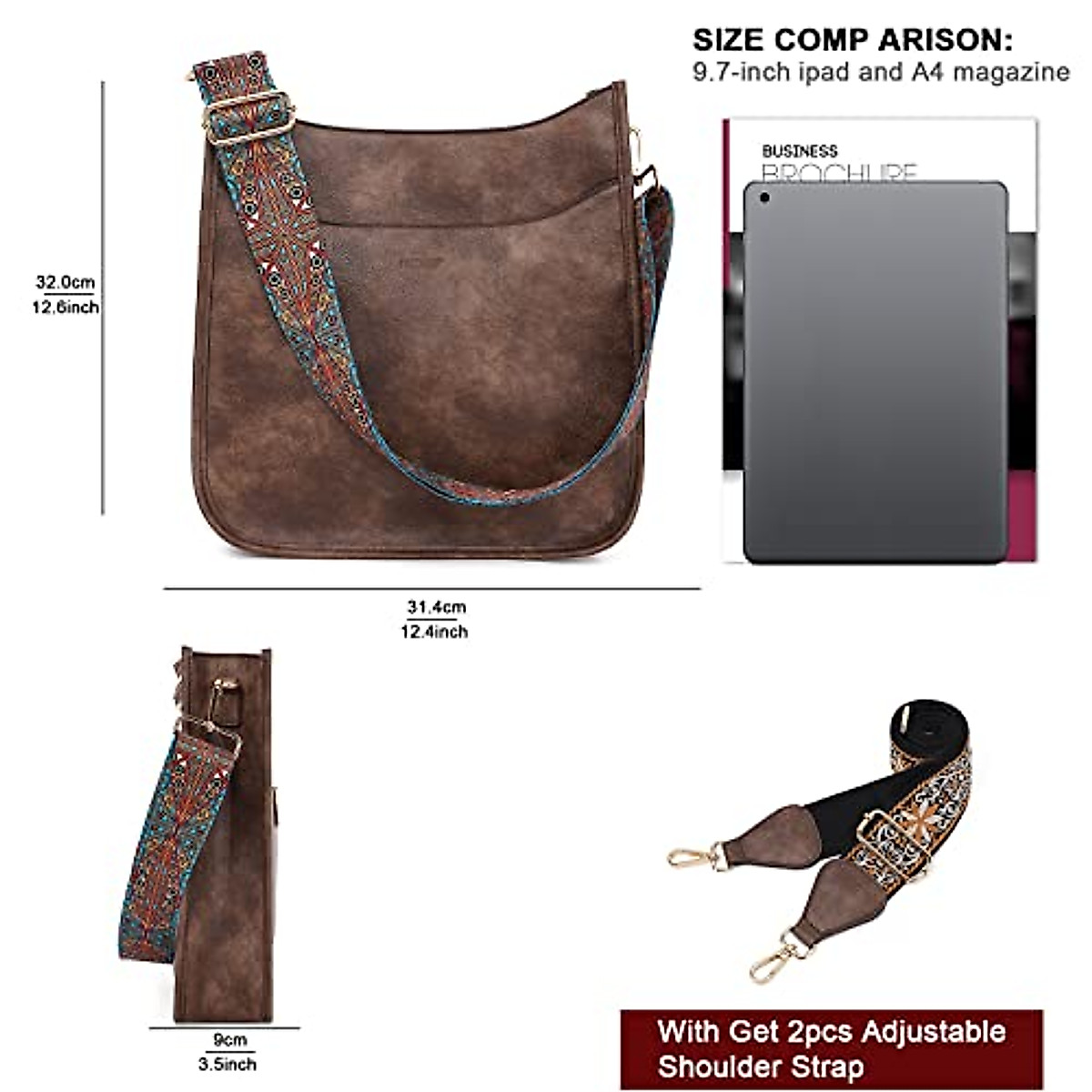 HKCLUF Crossbody Bag for Women Vegan Leather Hobo Handbags Women Fashion Shoulder Bags Cross-body Purse with 2PCS Adjustable Strap(Coffee)