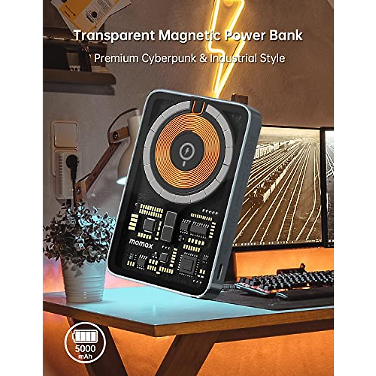 MOMAX Magnetic Wireless Portable Charger, Transparent Battery Pack with Stand, Foldable 5000 mAh Magnetic Wireless Power Bank and USB-C for iPhone 14/13/12 Series, Magnetic Portable Charger for iPhone