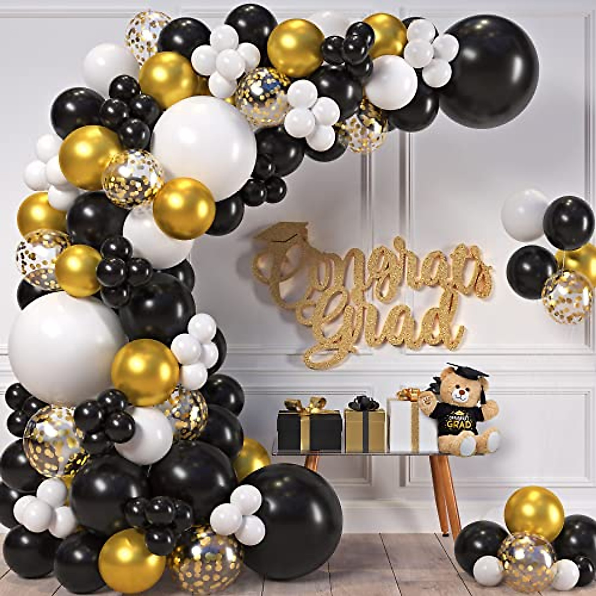 100pc EASY DIY – Black White Gold Balloon Garland Kit & Arch – Small and Large Black White and Gold Balloons with Confetti – Black and Gold Party Decorations for Graduations, New Years, Birthday