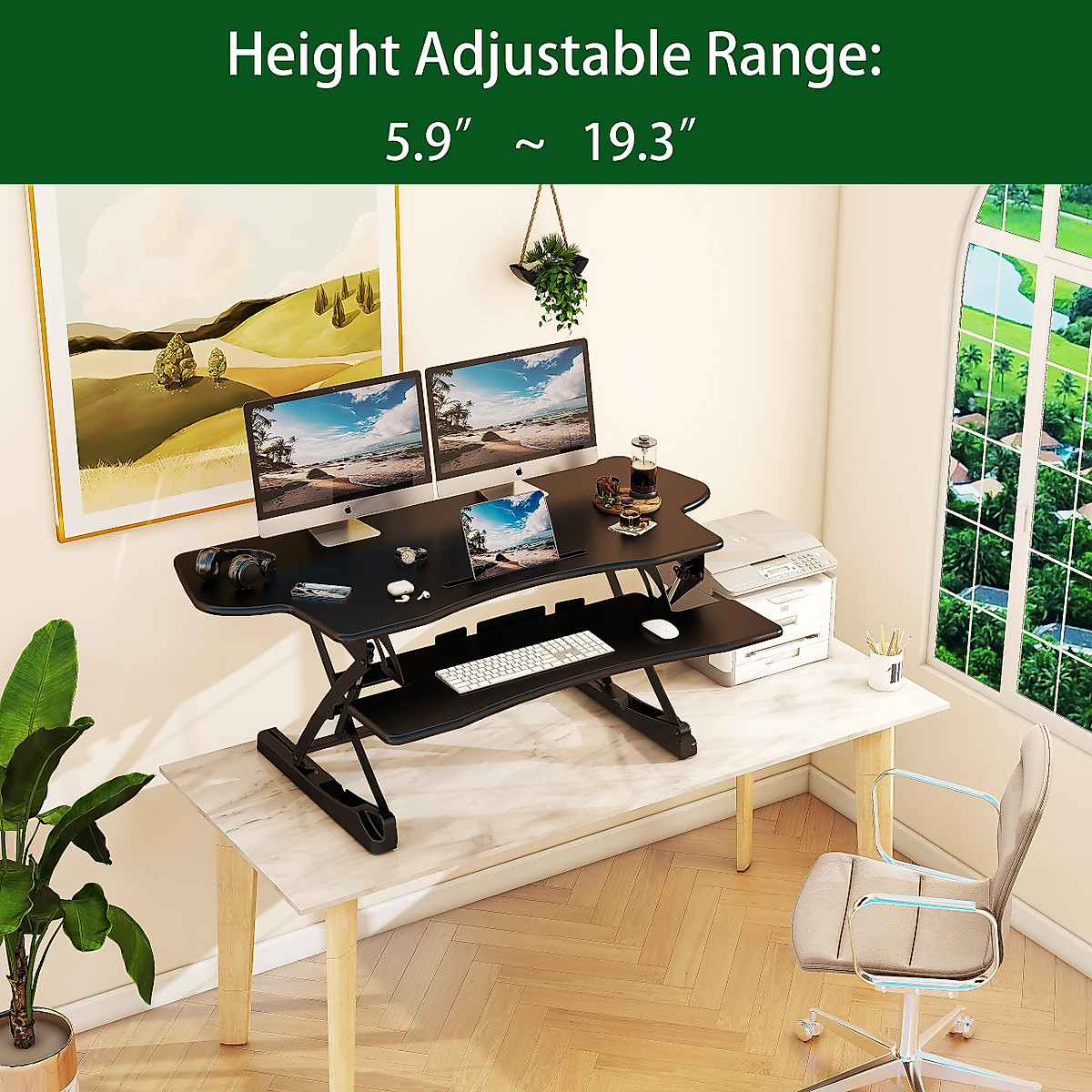 Lubvlook Standing Desk Converter, 47" Height Adjustable Sit Stand Desk Riser for Dual Monitors with Keyboard Tray, Black, SD10L