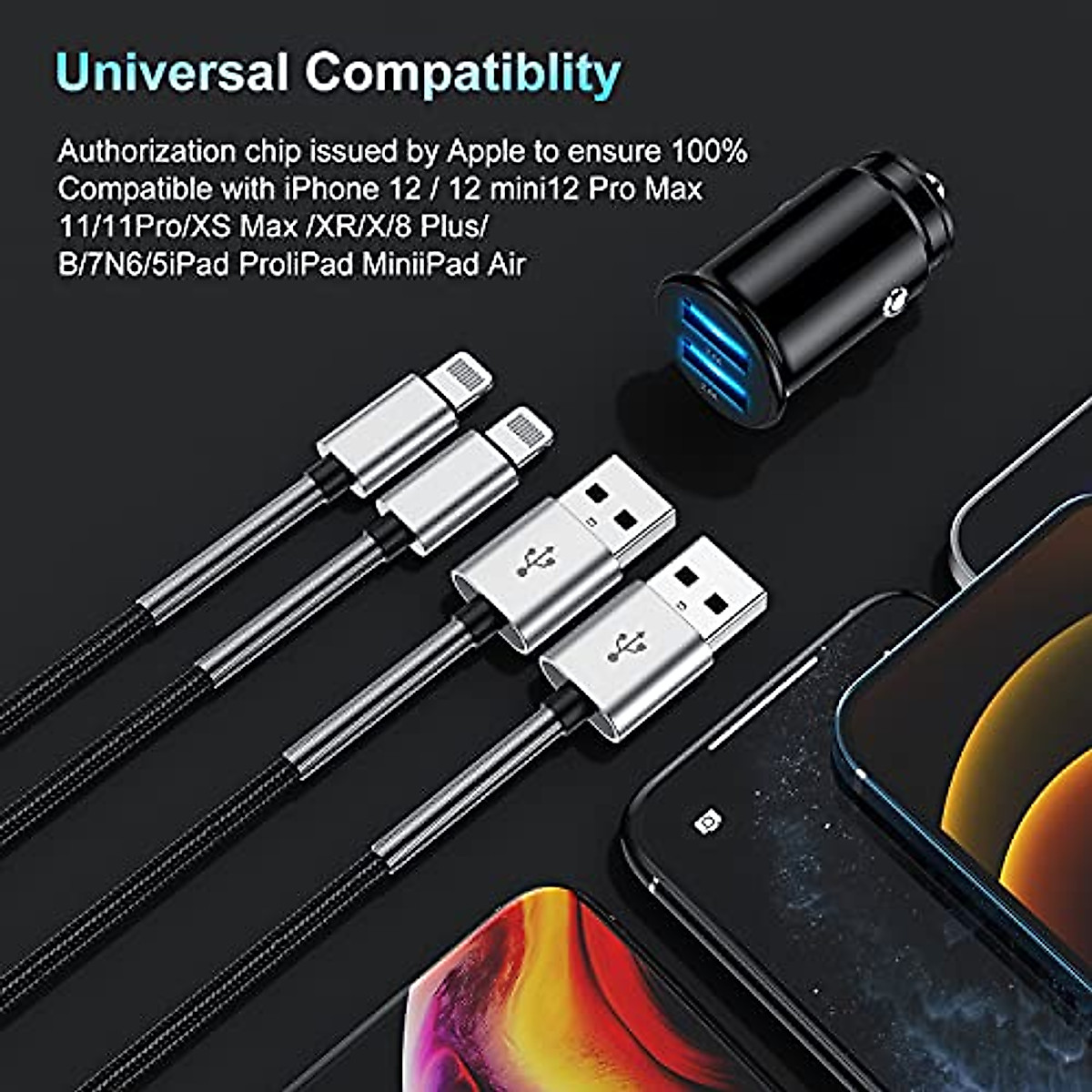 iPhone Car Charger, [Apple MFi Certified] 24W Dual USB Car Charger Adapter Plug with 2Pack 6ft Lightning Cable,iPhone Charging Cord for Apple iPhone 13 Pro/12 Mini/11/Xs Max/XR/X/8 Plus/7/6s/5/iPad.