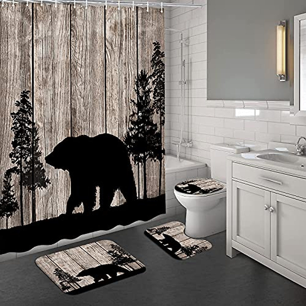 SiMiWOW Black Bear in Forest Shower Curtain Set with Rugs Woodland Animal Country Farmhouse Cabin Bathroom Decor Curtain, Set of 4