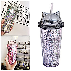 HOVTOIL 420ml Kawaii Water Bottle with Lids and Straws, Glitter Double Wall Drinking Cup, Lovely Cat Ear Water Bottles for Girls Boys School Office Travel Black