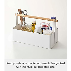 Yamazaki Caddy Home Storage Handle Organizer | Steel + Wood | Large | Baskets and Bins, One Size, White