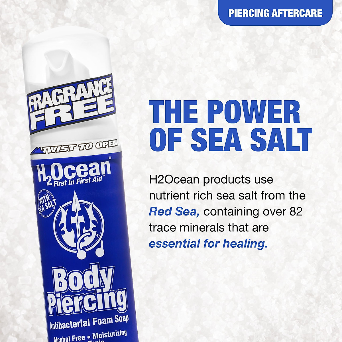 H2Ocean Body Piercing Foam Soap Sea Salt Piercing Aftercare, Gentle Cleansing Moisturizing Soap With Aloe Vera, Alcohol Free, Unscented, Organic, Vegan 1.7oz