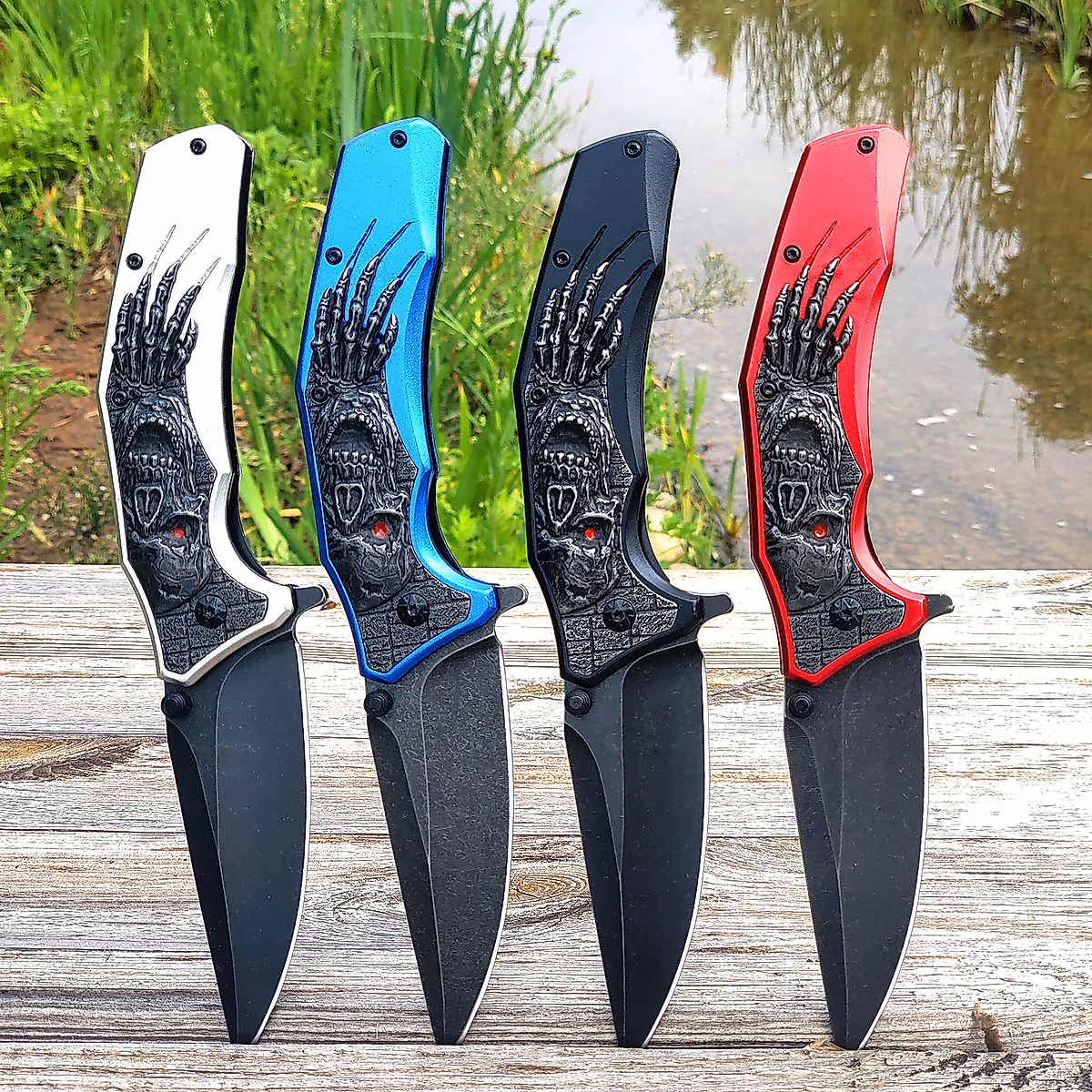 MADSMAUG Pocket Knife, Cool Pocket Folding Knife with 3D Embossed SKULL patterns, Great festival Halloween Christmas Gift EDC knife For Men Outdoor Survival Camping (Red)