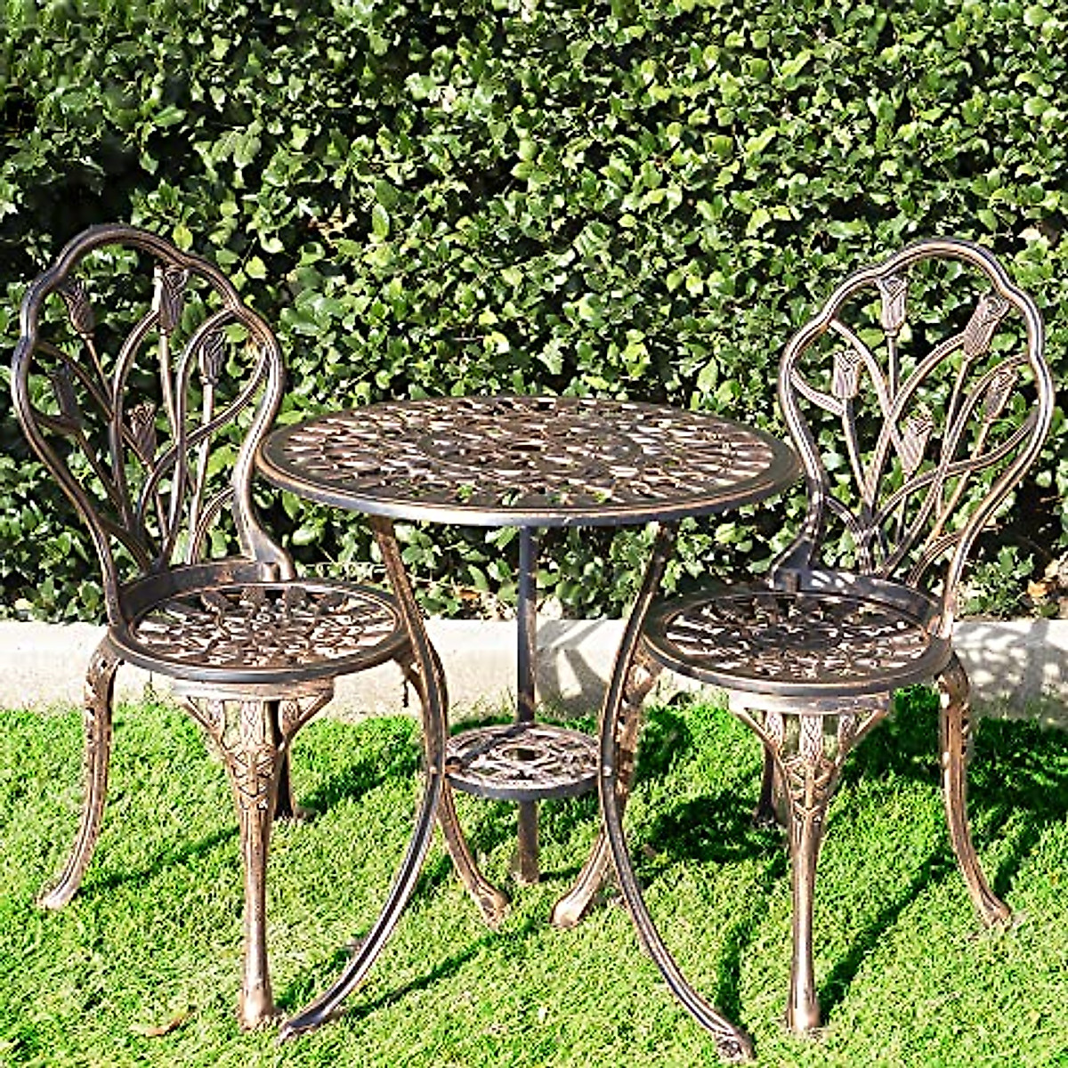 Patio Premier 217005 3pc Outdoor Tulip Garden Bistro Set, Cast Iron and Aluminum Frame, Bronze