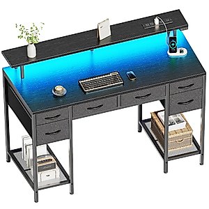 Huuger Computer Desk with Power Outlets and LED Lights, 47 Inch Gaming Desk with 6 Drawers, Office Desk with Monitor Stand, Writing Desk Work Desk, Mesh Shelves, Black