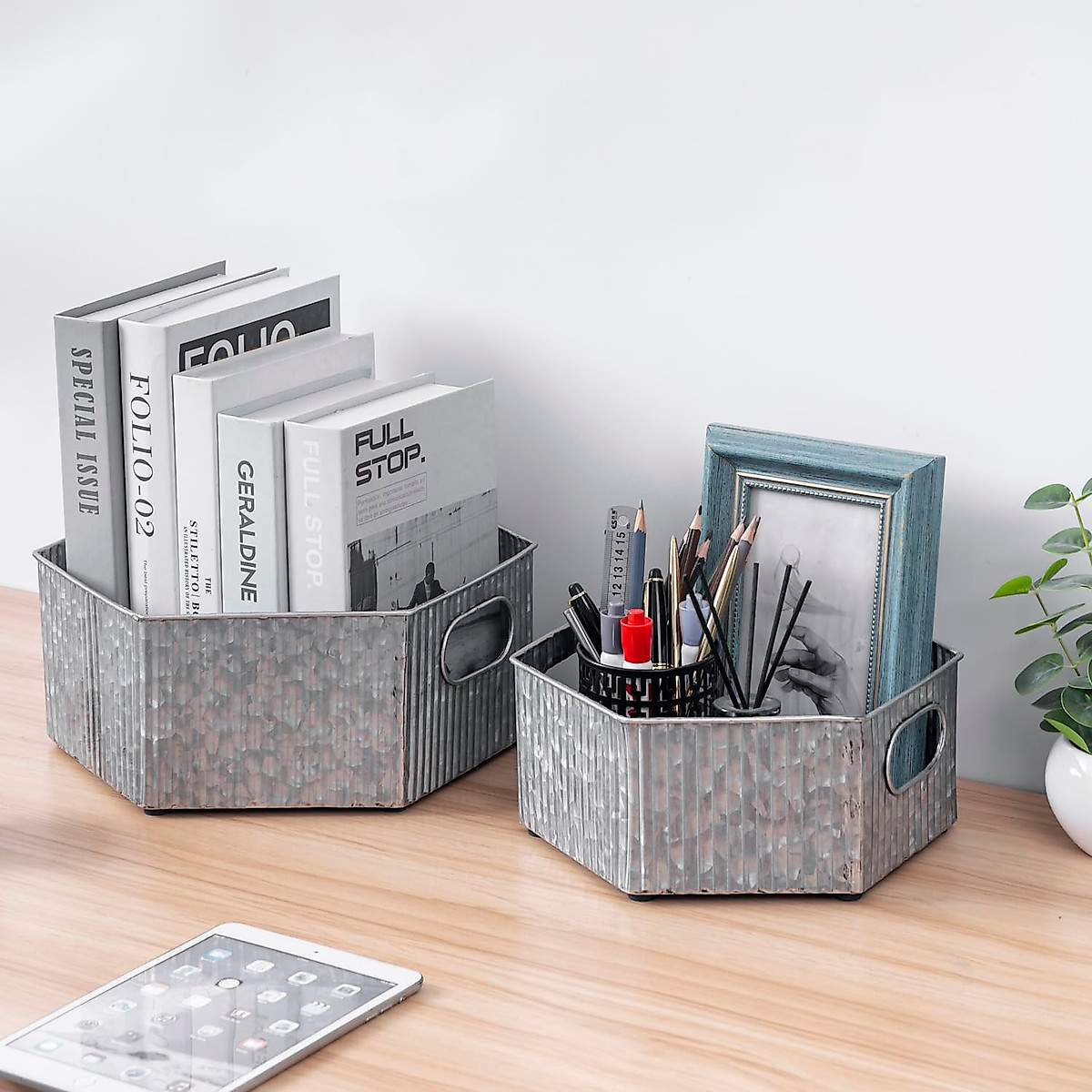 MyGift Rustic Corrugated Galvanized Silver Tone Metal Hexagonal Decorative Baskets, Home Storage Organizer Bins with Nesting Design and Cutout Handles, 2 Piece Set