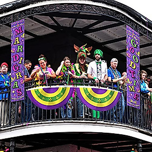 Mardi Gras Decor, Mardi Gras Backdrop Banner, Mardi Gras Porch Signs Hanging Banner, Carnival Fleur De Lis Fan Bunting Flag, Mardi Gras Outdoor Hanging Decorations for Masquerade Parade Float Party