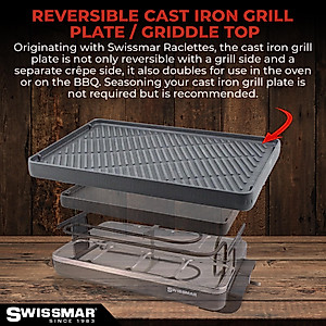 Swissmar Classic 8-Person Raclette Party Grill - Indoor Electric Grill & Griller with Reversible Cast Iron Grill Plate/Crepe Top - Anthracite Black