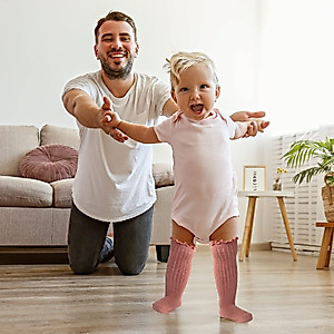 Aaronano Non-slip Knee High Socks Baby Girls Grippy Sock Frilly Ruffle 5 Pairs(2 white + 2 pink + 1 nude,0-6 Months)