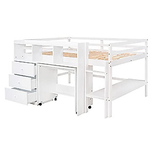 VilroCaz Full Size Low Loft Bed with Rolling Portable Desk and Drawers, Multiple Functions Wood Loft Bed Frame with Storage Shelves for Kids Teens, Sturdy Slats Support (White-Full)