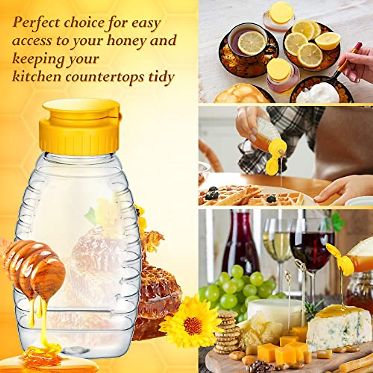 32 Pcs 8.8 oz Clear Plastic Honey Jar Empty Honey Bottles with Caps Refillable Honey Containers Leakproof Honey Squeeze Bottle Honey Bottle Container Holder with Flip Lid for Storing Dispensing Yellow