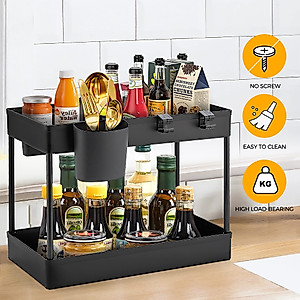 Under Sink Organizers and Storage, 2 Tier Under Sink Organizer with 8 Hooks, Under the Sink Organizer Kitchen, Cabinet Organizers and Storage for Bathroom Kitchen Cabinet Organizer (Black,2 Pack)