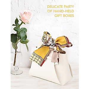 NOWDER 12 Pack Leather Wedding Candy Gift Bags with Handle Reusable Party Favor Boxes for Baby Showers Birthday Christmas Halloween (Beige)