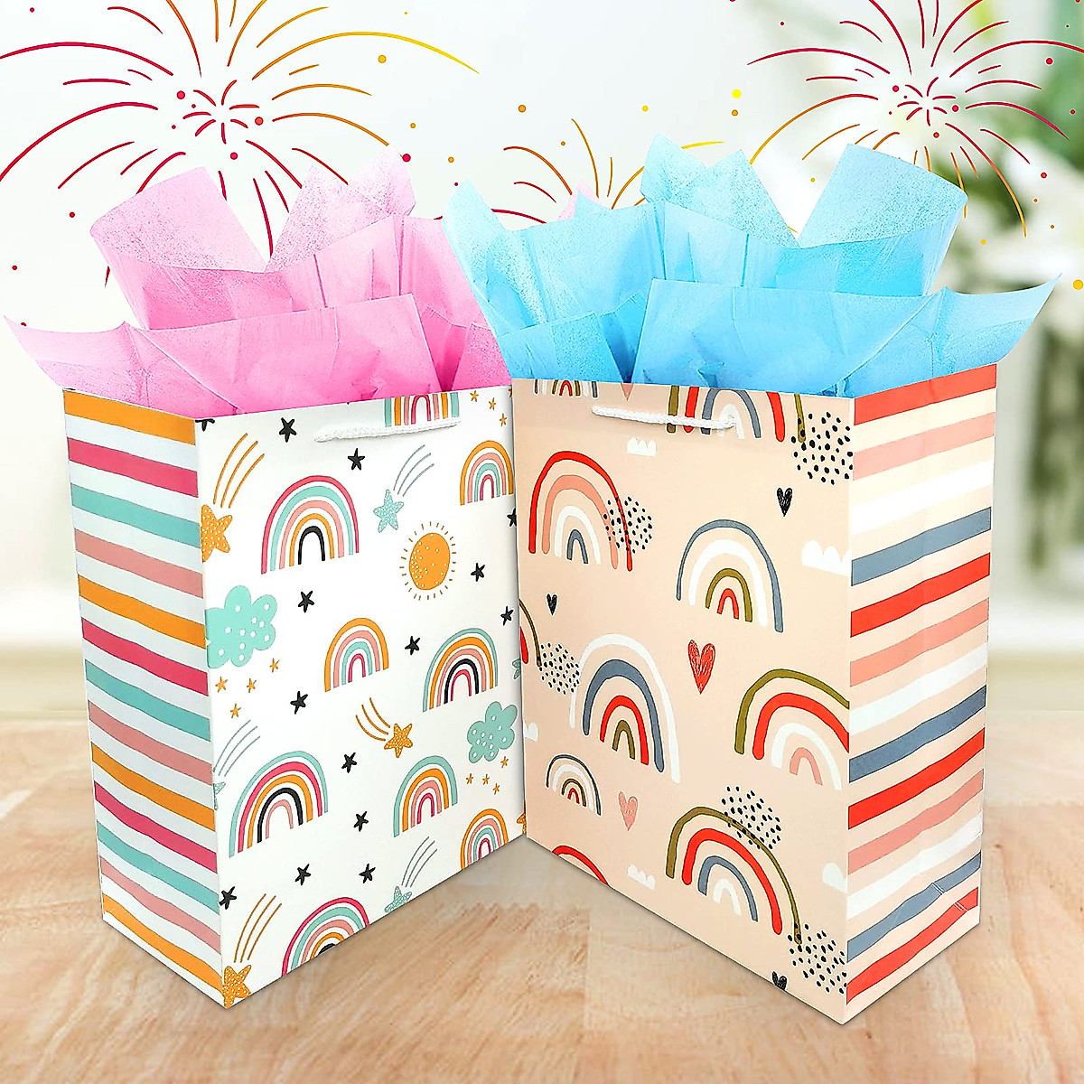 Gift Bag for Girls, Birthday Large Gift Bag Bulk Set Included 2 Pack Paper Gift Bags with Tissue Paper, Rainbow Gift Bags for Kids, Baby, The Colorful Pink Red Gift Bags with Handles, The Pretty Present Bag Gift Bags for Birthday, Party, Baby Shower (12.5