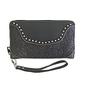 Concealed Carry Tooled Leather Shoulder Purse - Concealed Weapon Gun Bag w/ Matching Wallet By Montana West (Black)