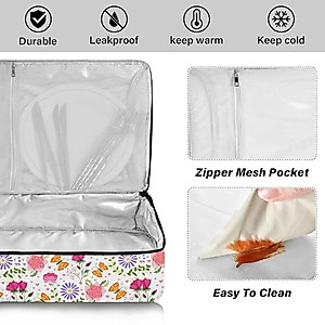 Kcldeci Insulated Thermal Food Carrier Insulated Casserole Carrier for Hot or Cold Food,Springtime Colorful Flower Butterfly Insulated Tote Bag for Potluck Cookouts Parties Picnic,Lasagna Lugger
