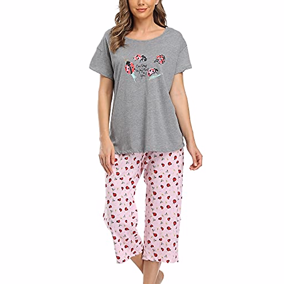 ENJOYNIGHT Womens Pajama Sets Cotton Pj Set Short Sleeve Top With Capri Pants Sleepwear 2 Piece Lounge Set(Large,Grey-Ladybug)