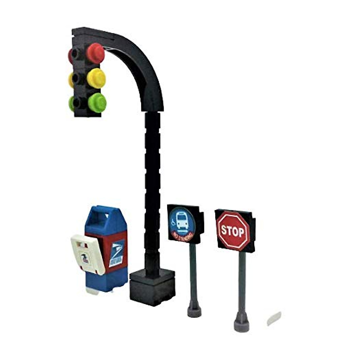 Building Bricks Toys City Town Village Street Main Road Arch Traffic Light, Stop Sign, Bus Stop, Post Box, Road Sign, 4 PCS Playset. for Kids 4+ Plastic