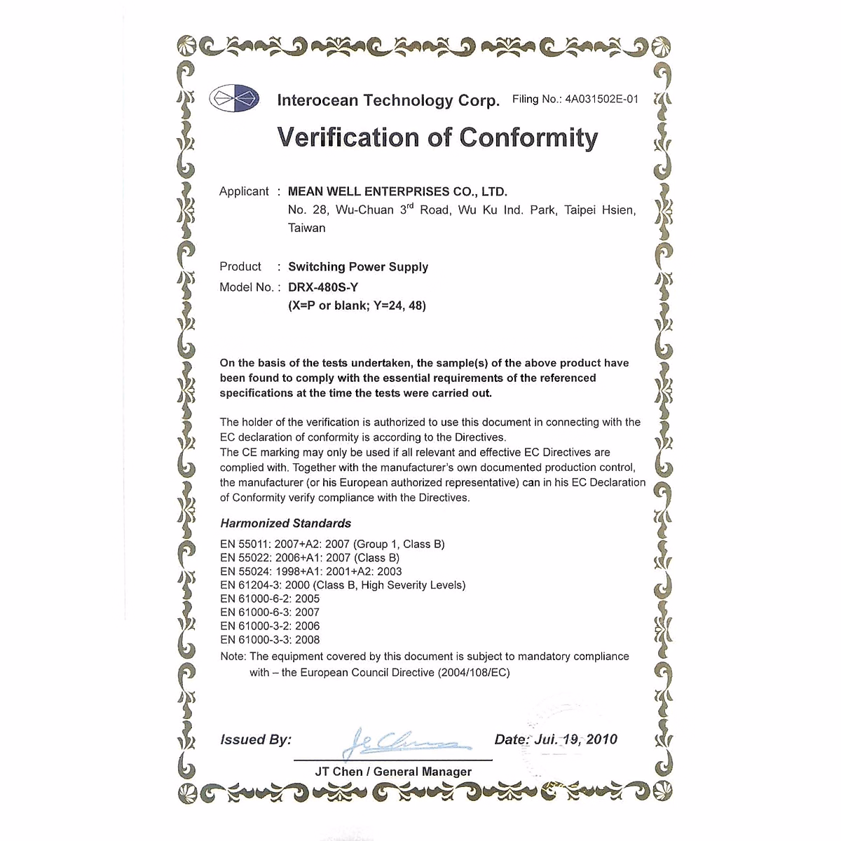 MW Mean Well DRP-480S-48 48V 10A 480W Single Output Industrial DIN Rail with PFC Function Power Supply