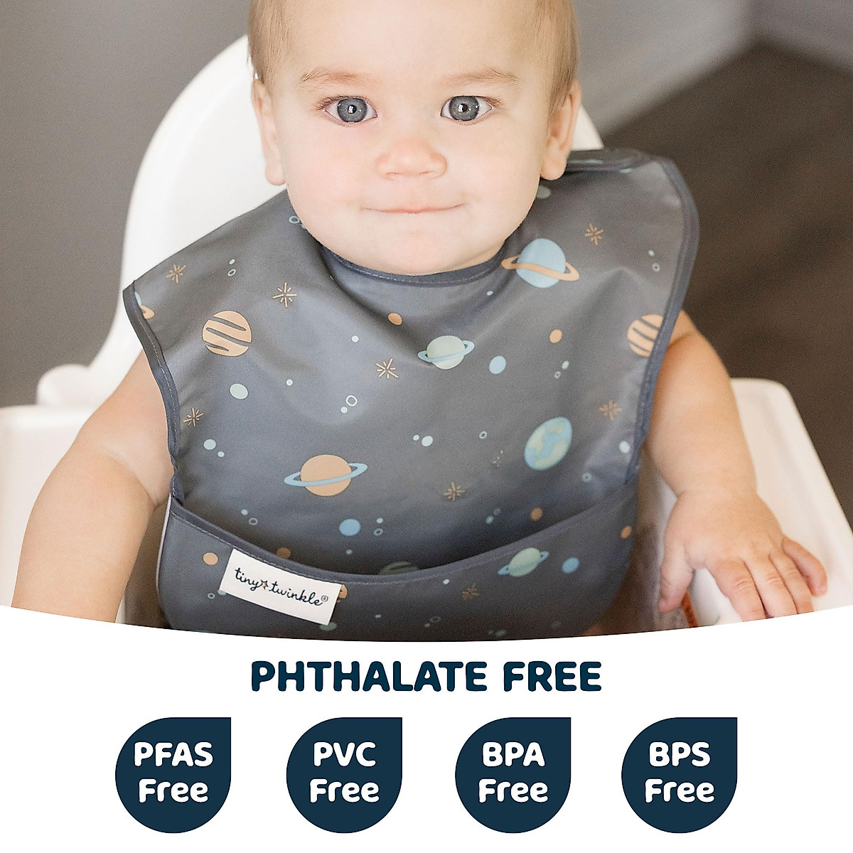 Tiny Twinkle Mess-Proof Baby Bib - Waterproof Bib for Baby Boy or Girl - Machine Washable - Adjustable Closure - PVC, BPA, & Phthalate Free - Great for Travel - Baby Food Bibs (3 Pack, Space)