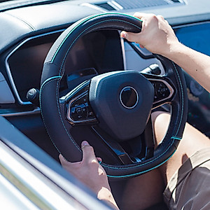 Car Pass Colour Piping Leather Universal Fit Steering Wheel Cover,Perfectly fit for 14.5-15 inches for Various Vehicles SUVs,Vans,Sedans,Cars (Black & Mint)