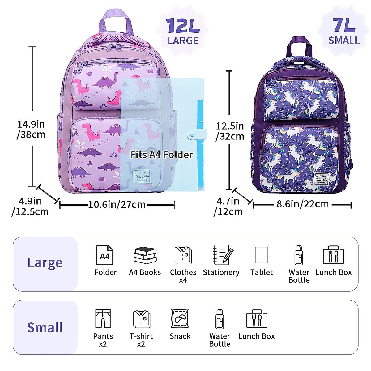 VASCHY Toddler Backpack for Girls, Kids Cute Kindergarten Daycare Children 7L Small Backpack Bookbag for School Travel Purple Unicorn