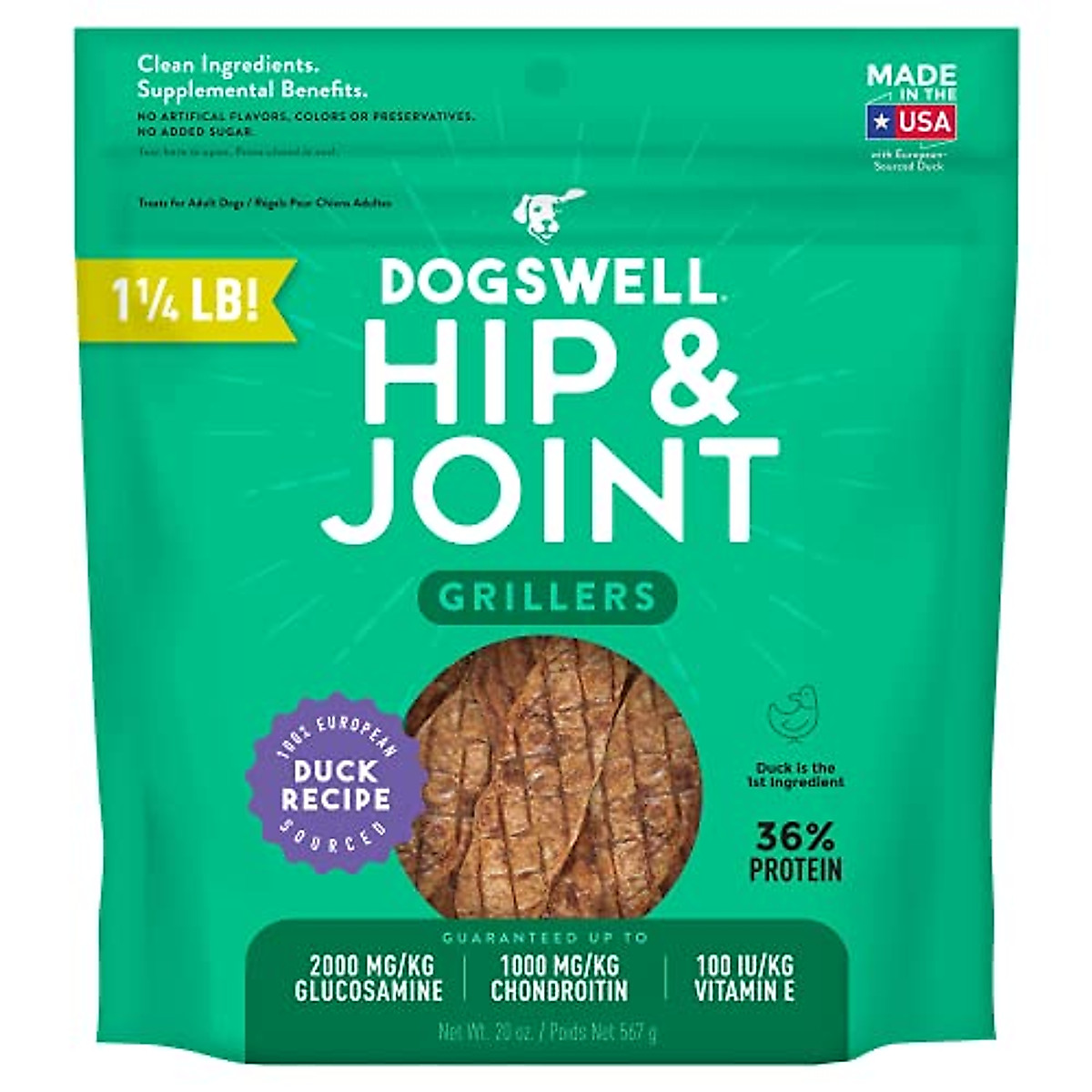 DOGSWELL 100% Grilled Meat Dog Treats, Made in The USA with Glucosamine, Chondroitin & New Zealand Green Mussel for Healthy Hips, 20 oz Duck