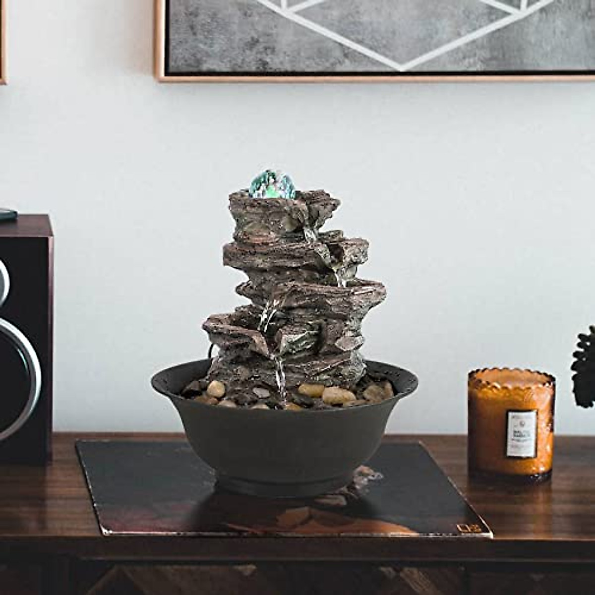 Ferrisland 4-Tier Tabletop Water Fountain with Cascading Rock Waterfall and LED Lights for Office Home Décor