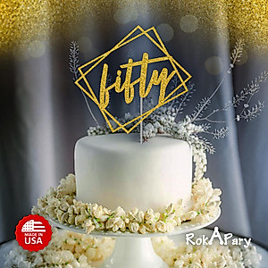Fifty Cake Topper Gold Glitter, Modern Design 50 Birthday, Days, Months, Anniversary Party Decoration Ideas, Premium Quality, Sturdy Doubled Sided Glitter, Acrylic Stick. Made in USA