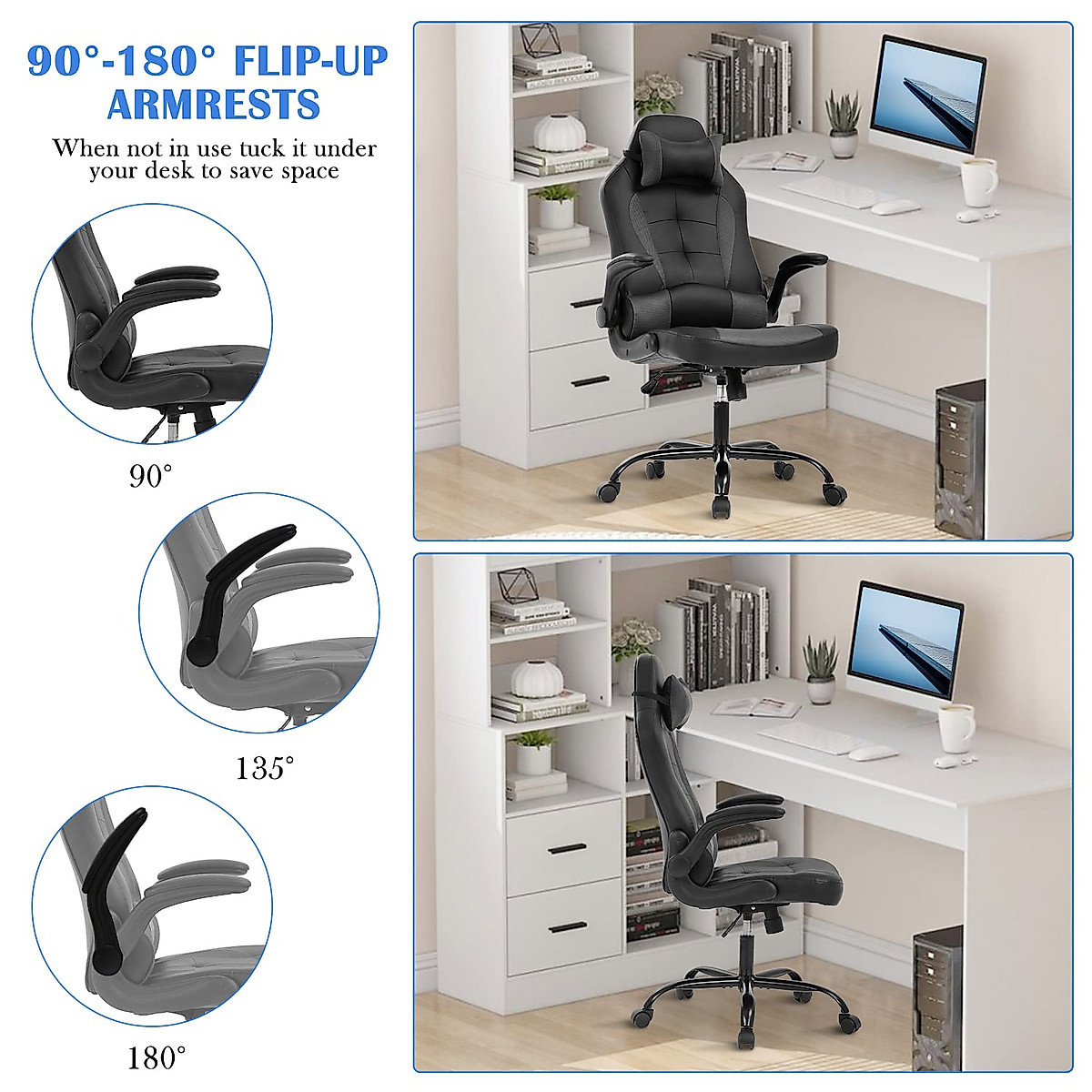 PC Gaming Chair Office Chair, Ergonomic Desk Chair with Headrest& Lumbar Support, Adjustable High Back PU Leather Computer Chair Racing Rolling Swivel Task Chair for Adults, Grey