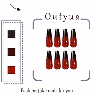 Outyua Halloween Red Black Press on Nails Ombre Coffin Fake Nails Long False nails with Designs Acrylic Witch Ghost Nails for Women and Girls 24Pcs (Red & Black)