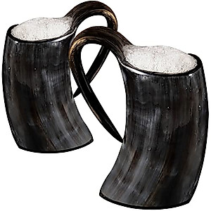 Mythrojan Black Viking Horn Ale Mug, Medieval Knight Renaissance Mead Ale Larp Cosplay Horn Tankard Set of 2