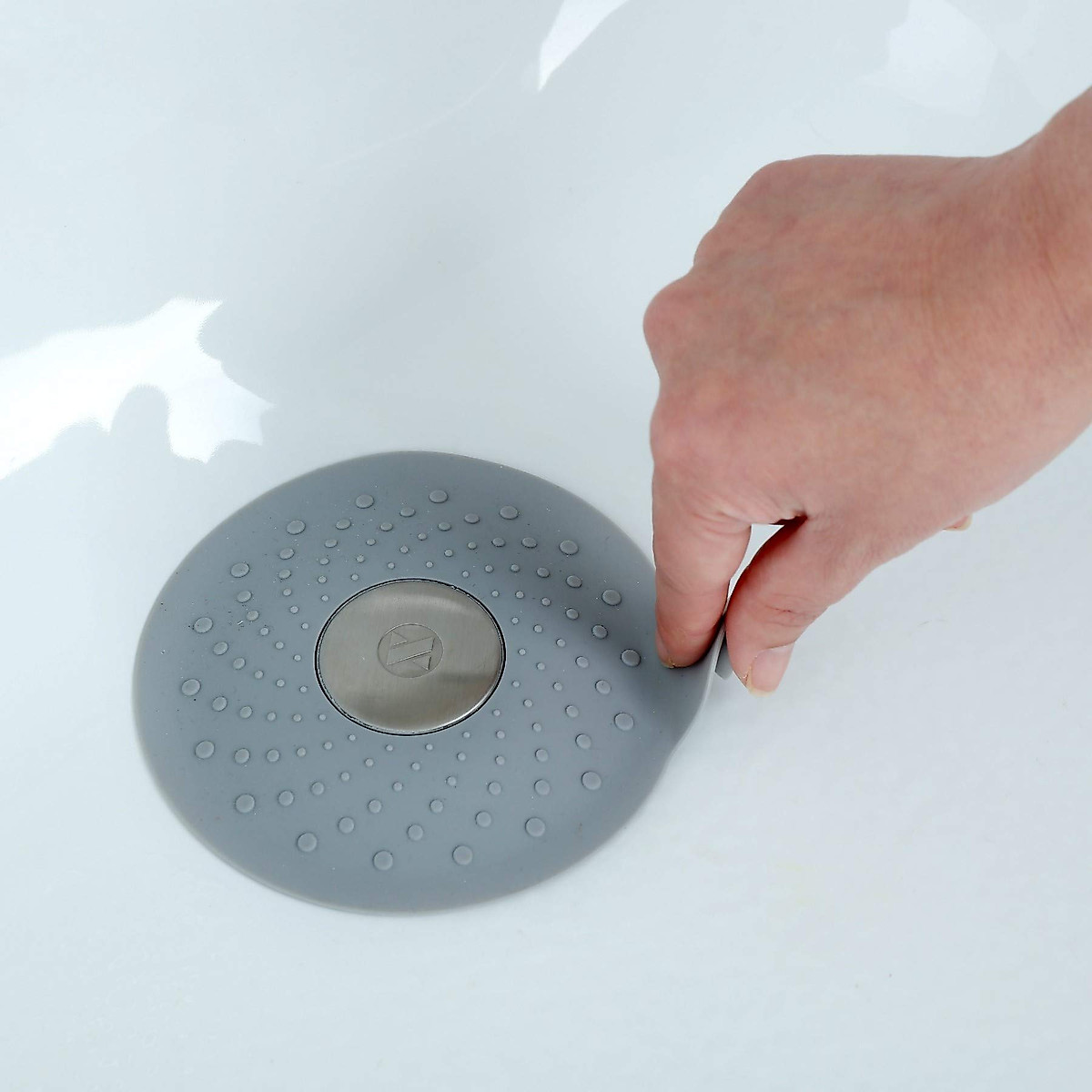 SlipX Solutions Gray Drain Stopper Fits Over Drains to Prevent Leaks (Covers Standard Tub & Sink Drains, Silicone & Stainless Steel)